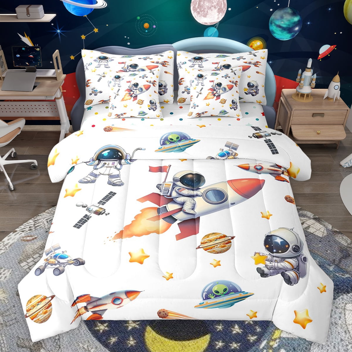 Feelyou Cartoon Astronaut Kids Bedding Comforter Set 7pcs, Kawaii Outer ...