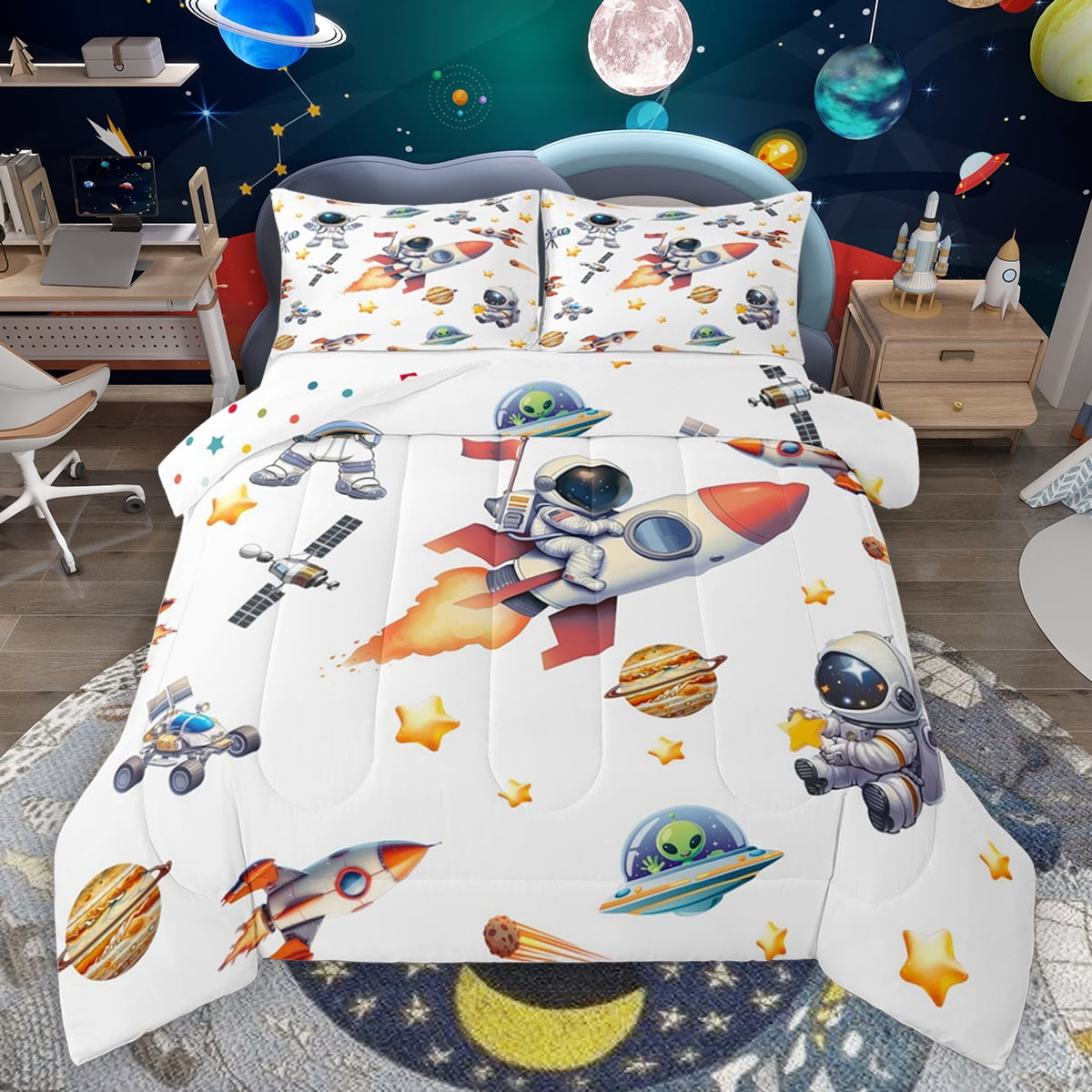 Feelyou Cartoon Astronaut Kids Queen Comforter Set, Kawaii Outer Space ...