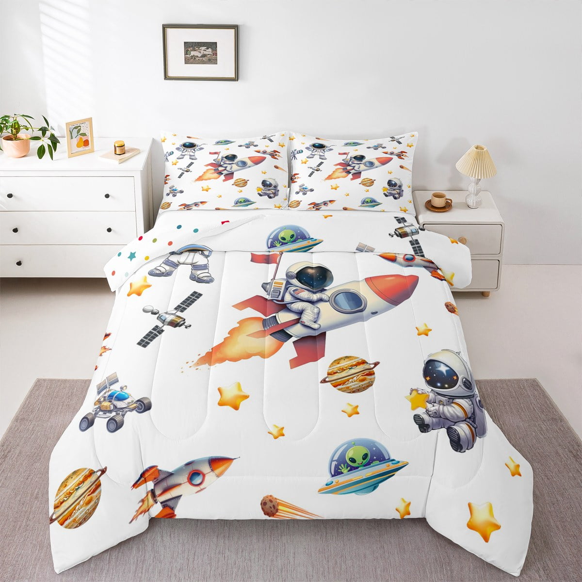 Feelyou Cartoon Astronaut Kids Queen Comforter Set, Kawaii Outer Space ...