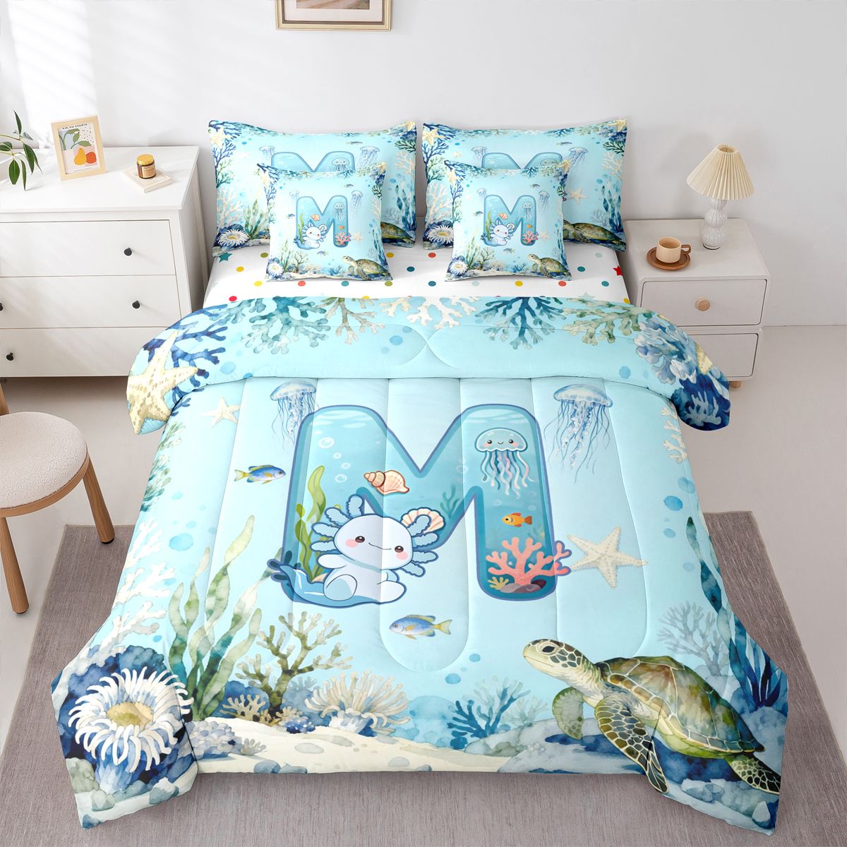 Feelyou Cartoon Axolotl Twin Bedding Sets 7-Piece, Cartoon Letter M ...