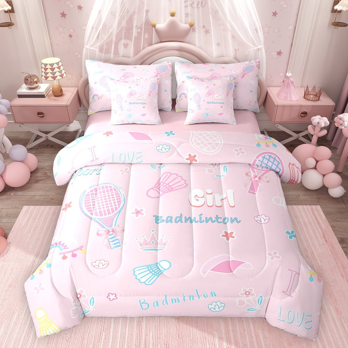 Feelyou Cartoon Badminton Kid Bedding Comforter Set 7pcs, Pink Princess ...