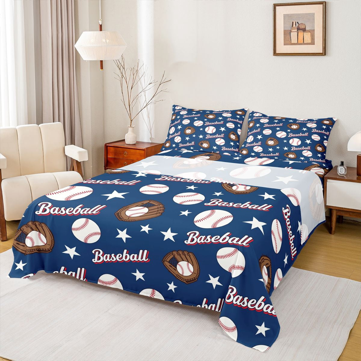 Feelyou Cartoon Baseball Gloves King Sheets for Boys, Navy Stars Print ...