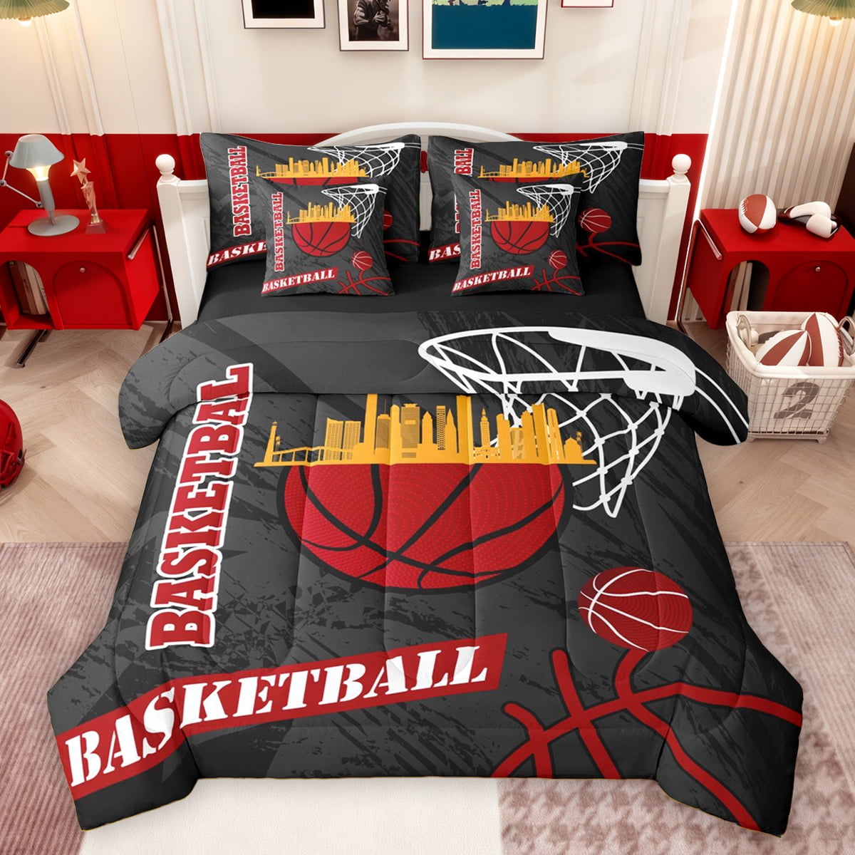 Feelyou Cartoon Basketball Print Bedding Comforter Set 7 Pieces, Black ...