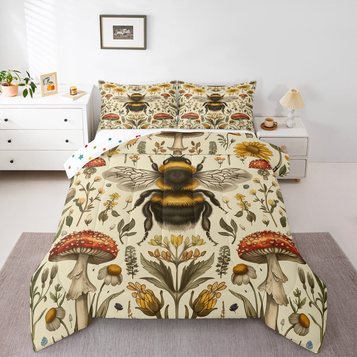 Feelyou Cartoon Bee Animal Queen Comforter Set, Mushroom Leaf Plant ...