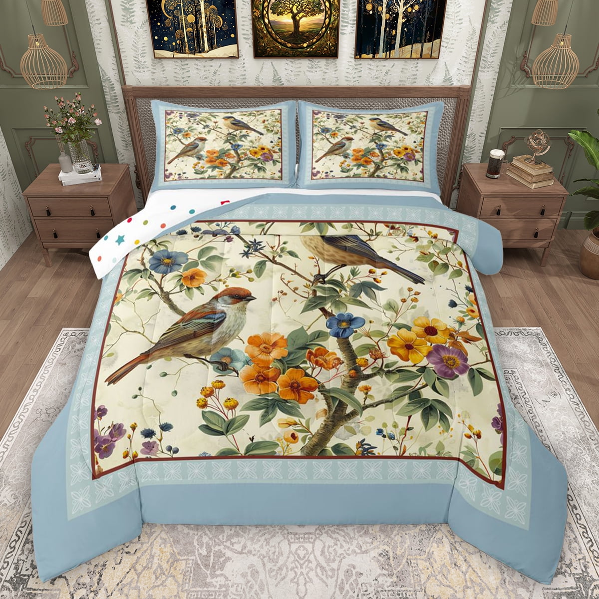 Feelyou Cartoon Bird Floral Twin Comforter Sets, Vintage Fashion ...