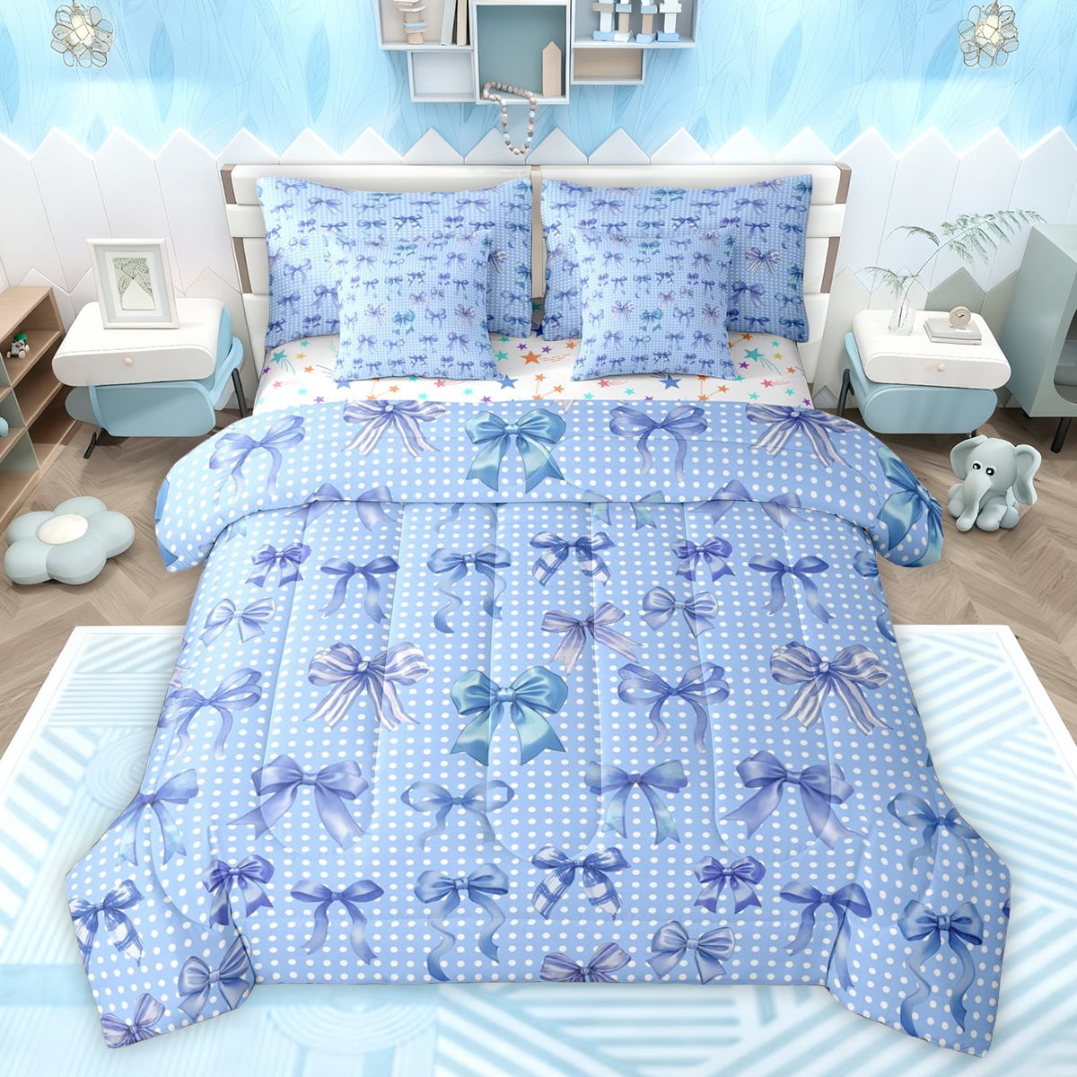 Feelyou Cartoon Blue Bow Bedding Comforter Set 7pcs for Child, Girly ...