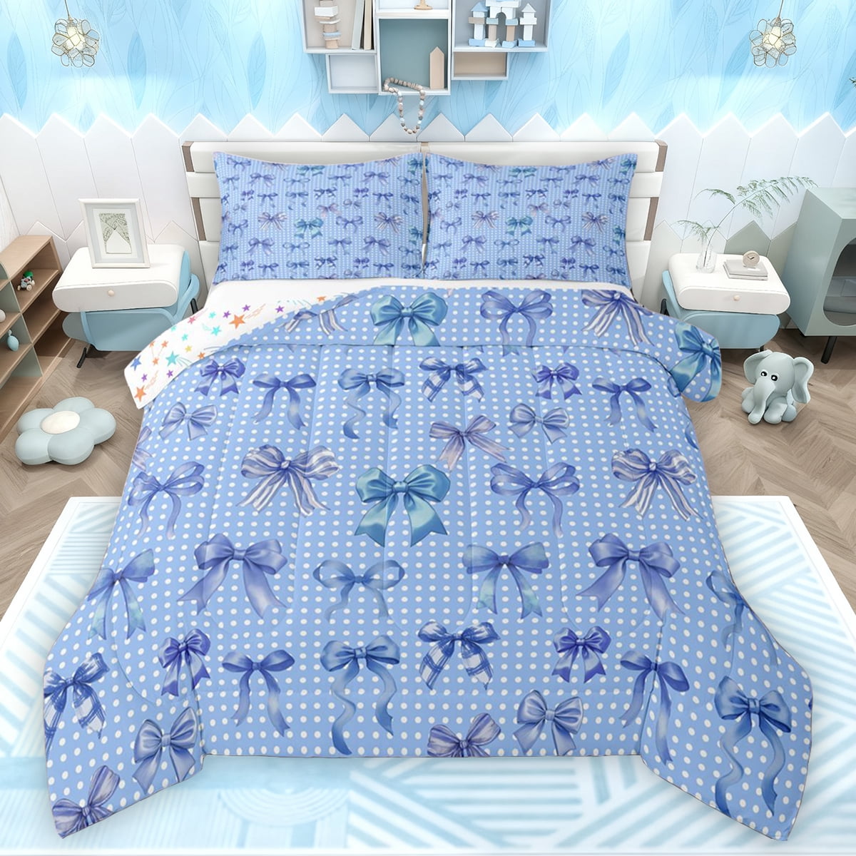 Feelyou Cartoon Blue Bow Queen Comforter Set for Child, Girly Buffalo ...