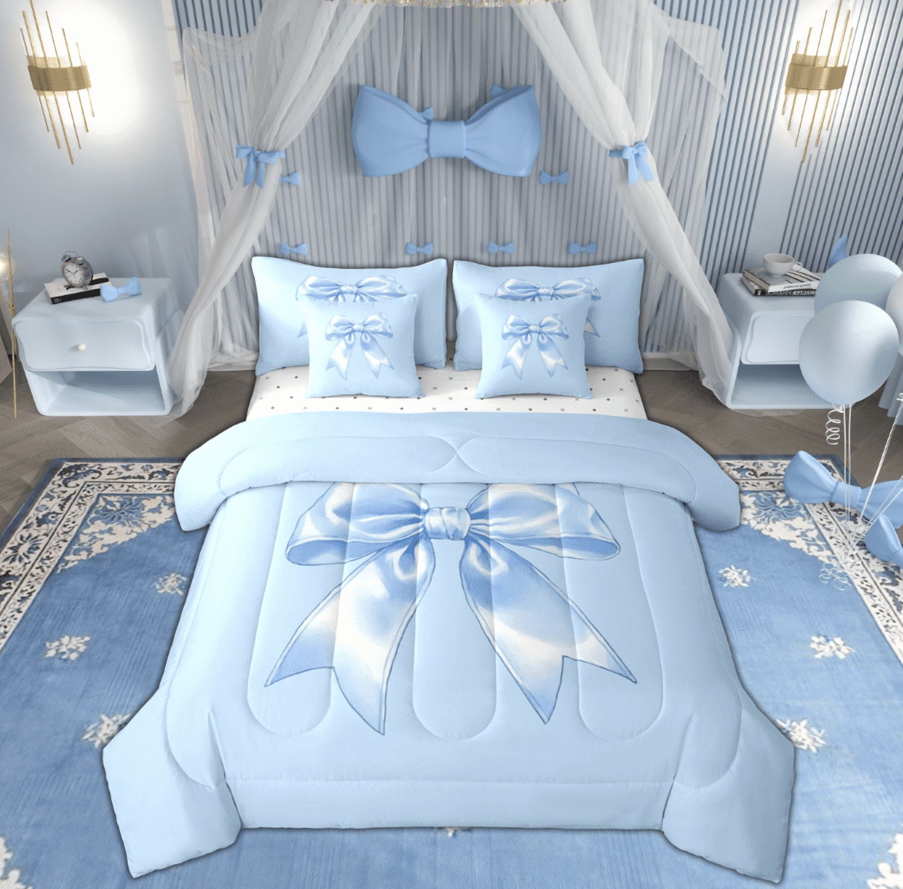 Feelyou Cartoon Blue Bowknot Bedding Comforter Set 7 Pieces for Kids ...