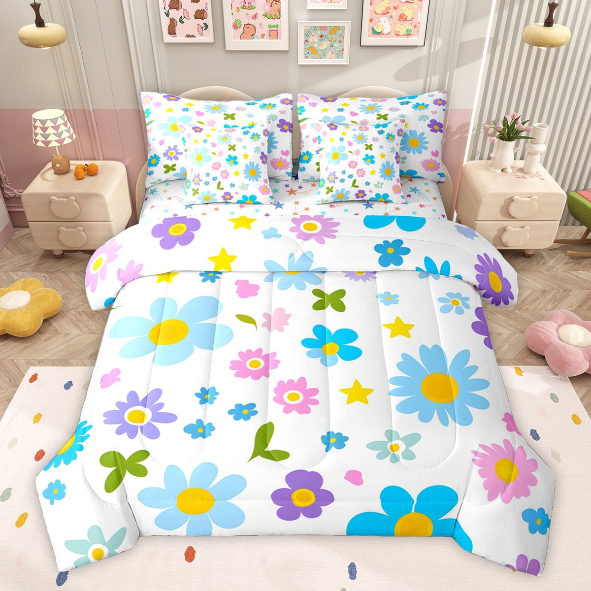Feelyou Cartoon Blue Flower Bedding Comforter Set 7pcs for Teen, Rustic ...