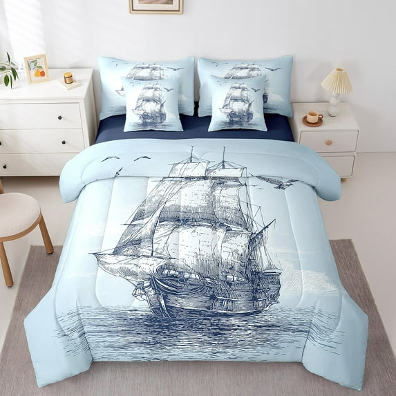 Feelyou Cartoon Blue Sailboat Twin Bedding Sets 7-Piece for Kids, Ocean ...
