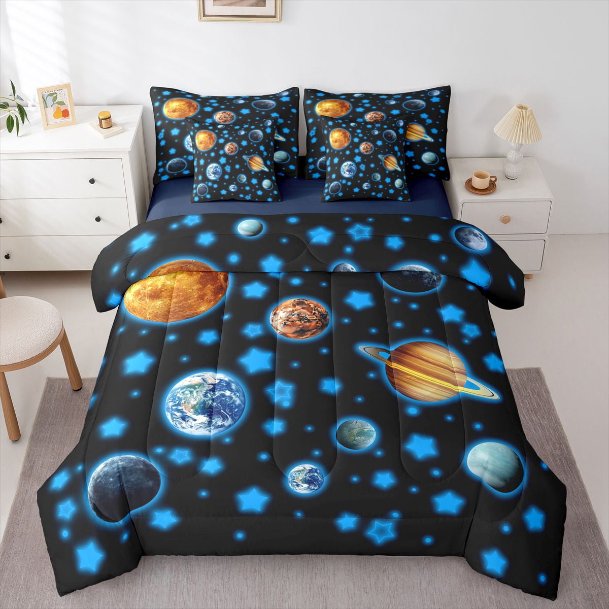 Feelyou Cartoon Blue Stars Bedding Comforter Set 7pcs, Space Planet ...