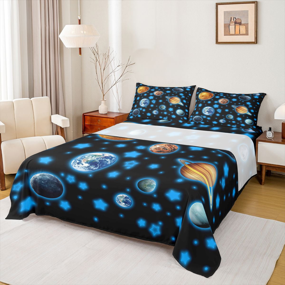 Feelyou Cartoon Blue Stars Queen Sheet Sets, Space Planet Bed Set, 4 ...
