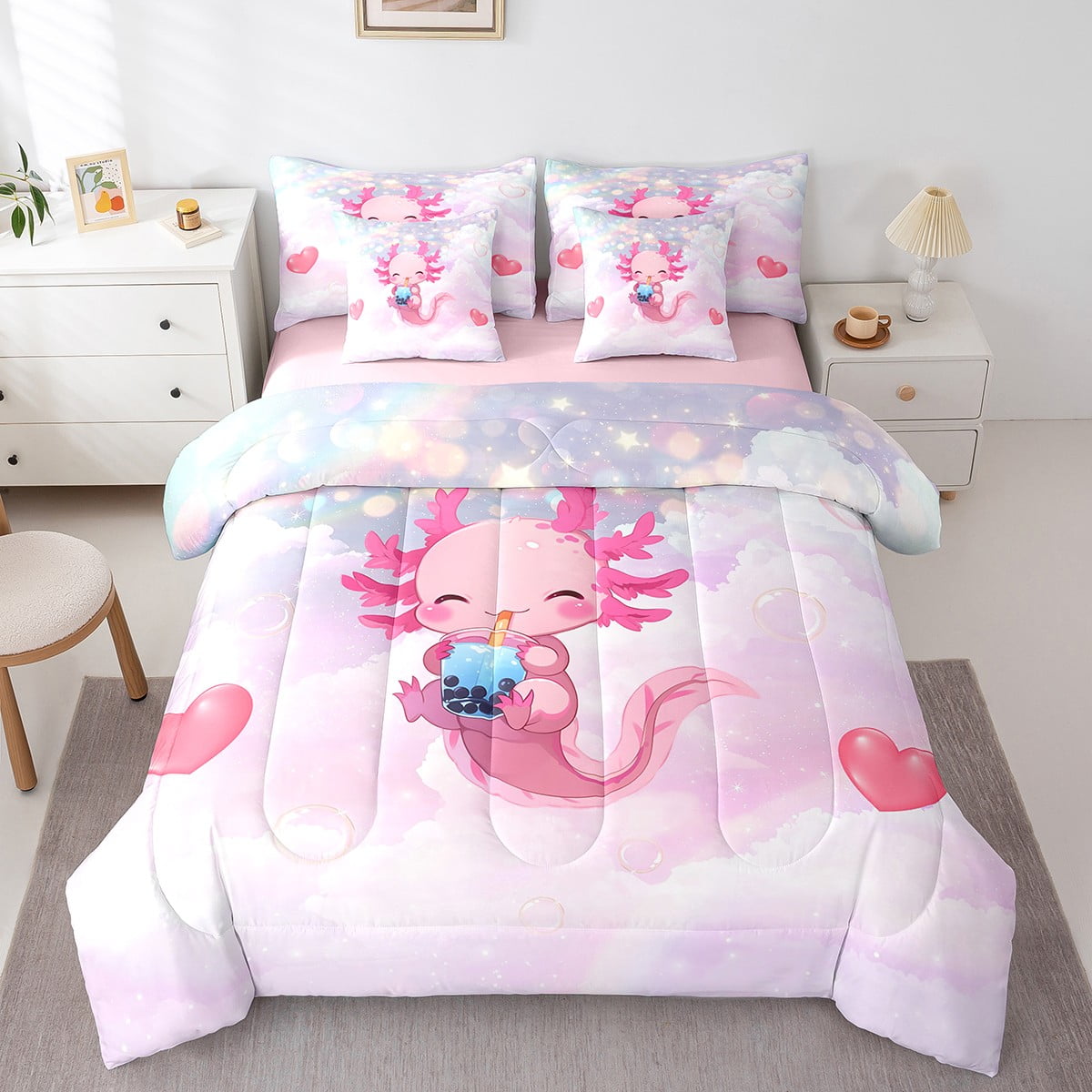 Feelyou Cartoon Boba Axolotl Bedding Comforter Set 7pcs, Dreamy Stars ...