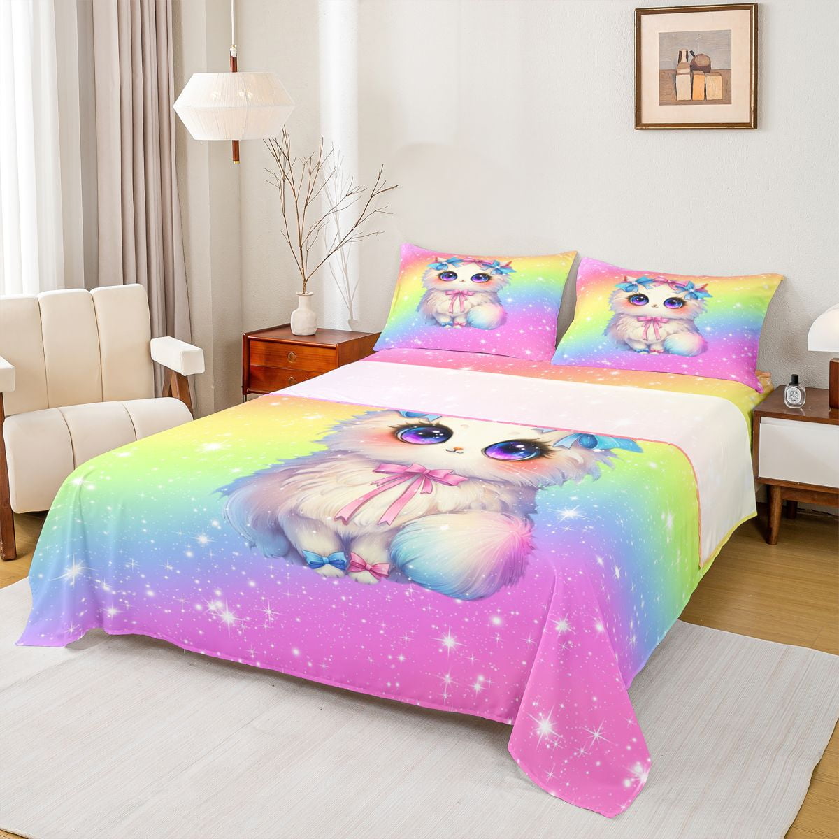 Feelyou Cartoon Bow Kitten Bed Sheets, Cute Cat Animal Lover King ...