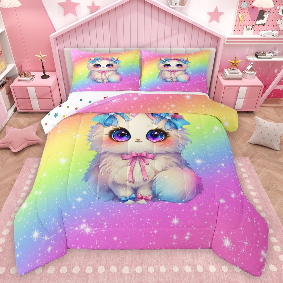 Feelyou Cartoon Bow Kitten Queen Comforter Set, Cute Cat Animal Lover ...