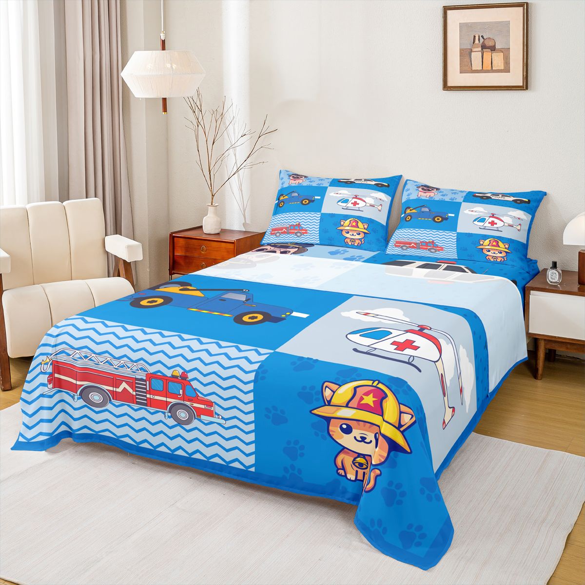 Feelyou Cartoon Car Blue Full Size Sheets for Kid, Kawaii Dog Cat Bed ...