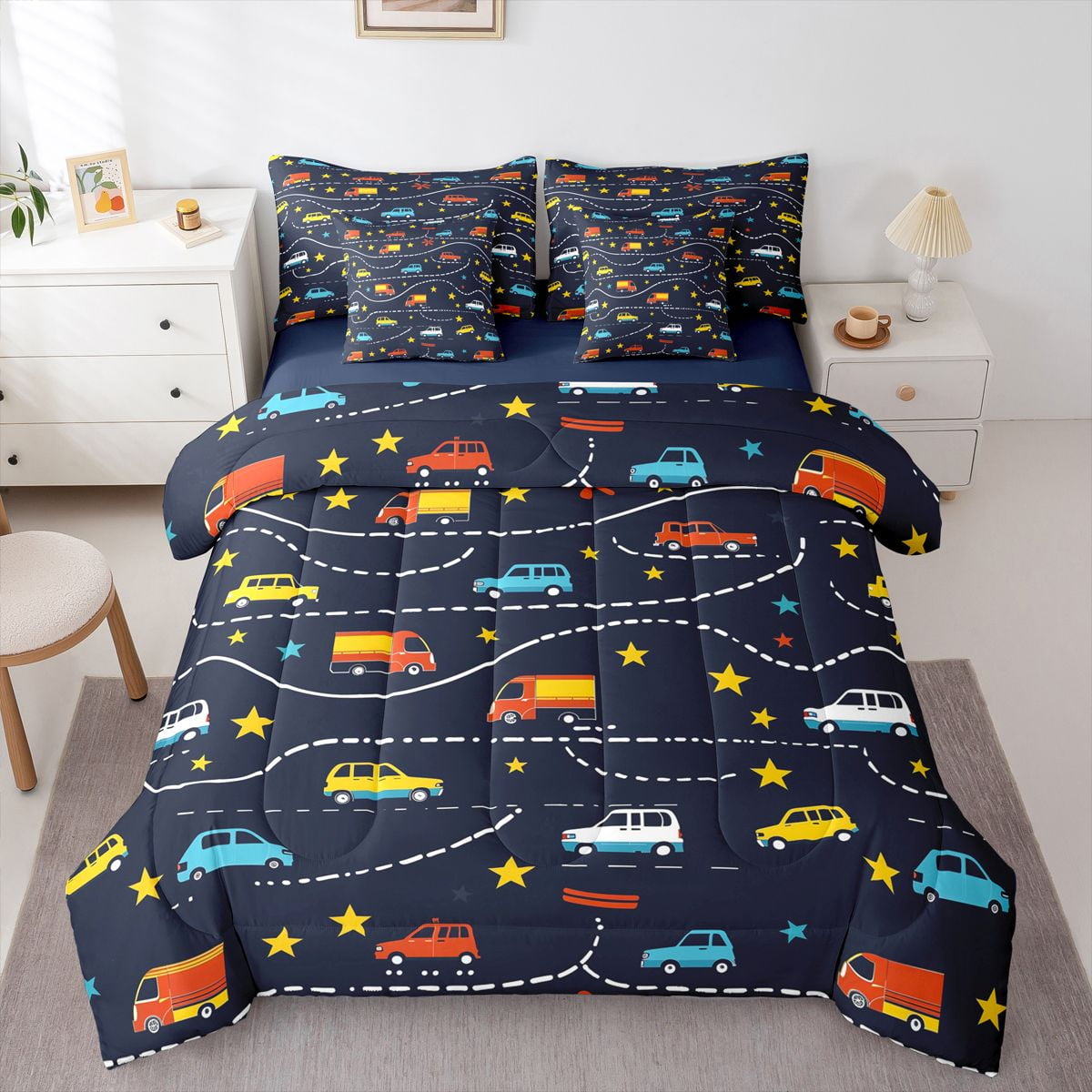 Feelyou Cartoon Car Bus Bedding Comforter Set 7pcs, Star Lines Stripes ...