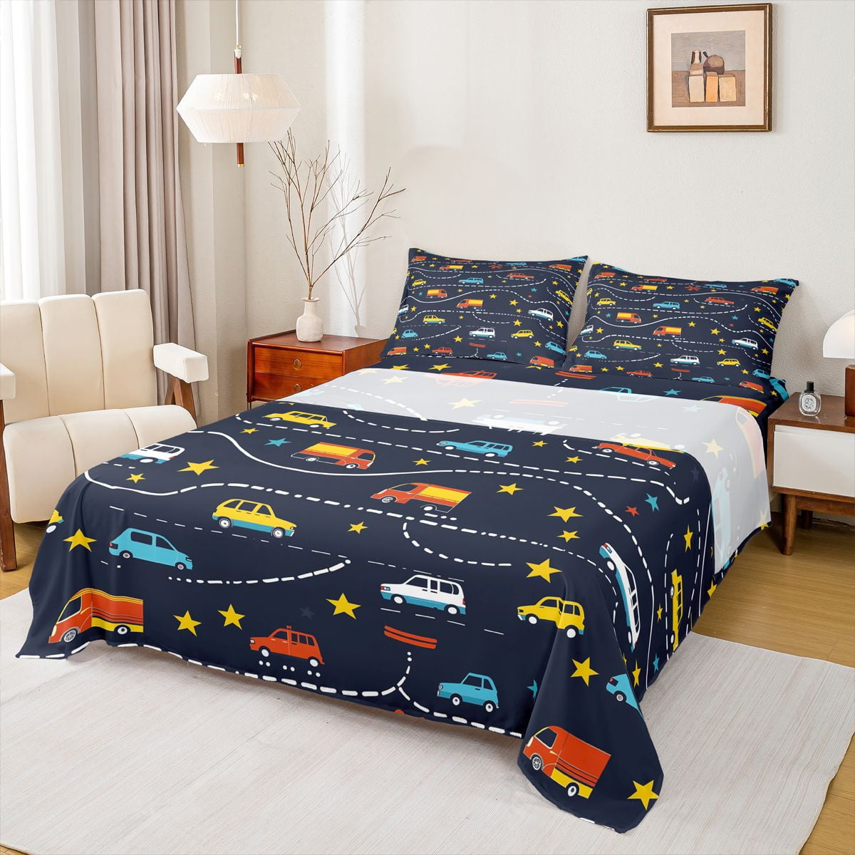 Feelyou Cartoon Car Bus Queen Sheet Sets, Star Lines Stripes Bed Set, 4 ...