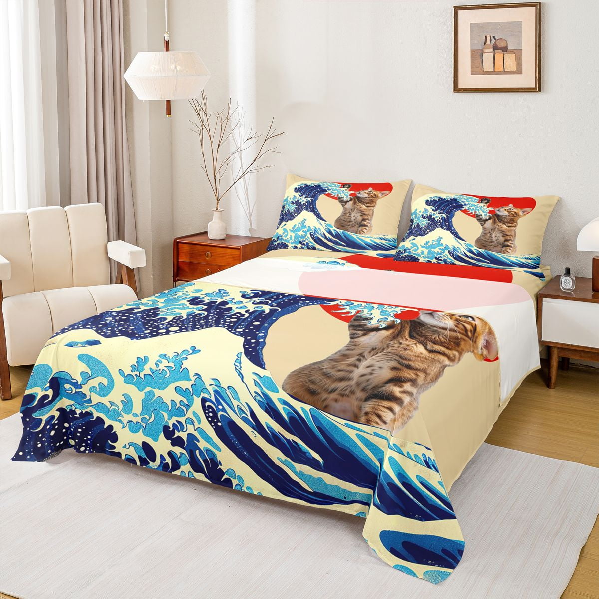 Feelyou Cartoon Cat Kids Queen Sheet Sets, Japanese Ocean Waves Bed Set ...