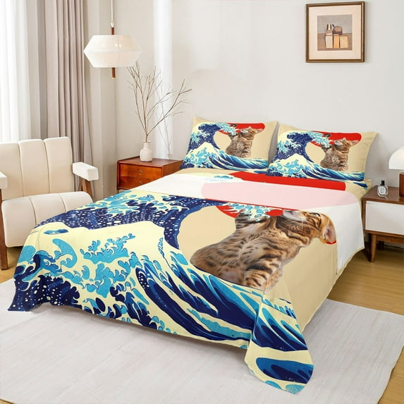 Feelyou Cartoon Cat Kids Queen Sheet Sets, Japanese Ocean Waves Bed Set ...