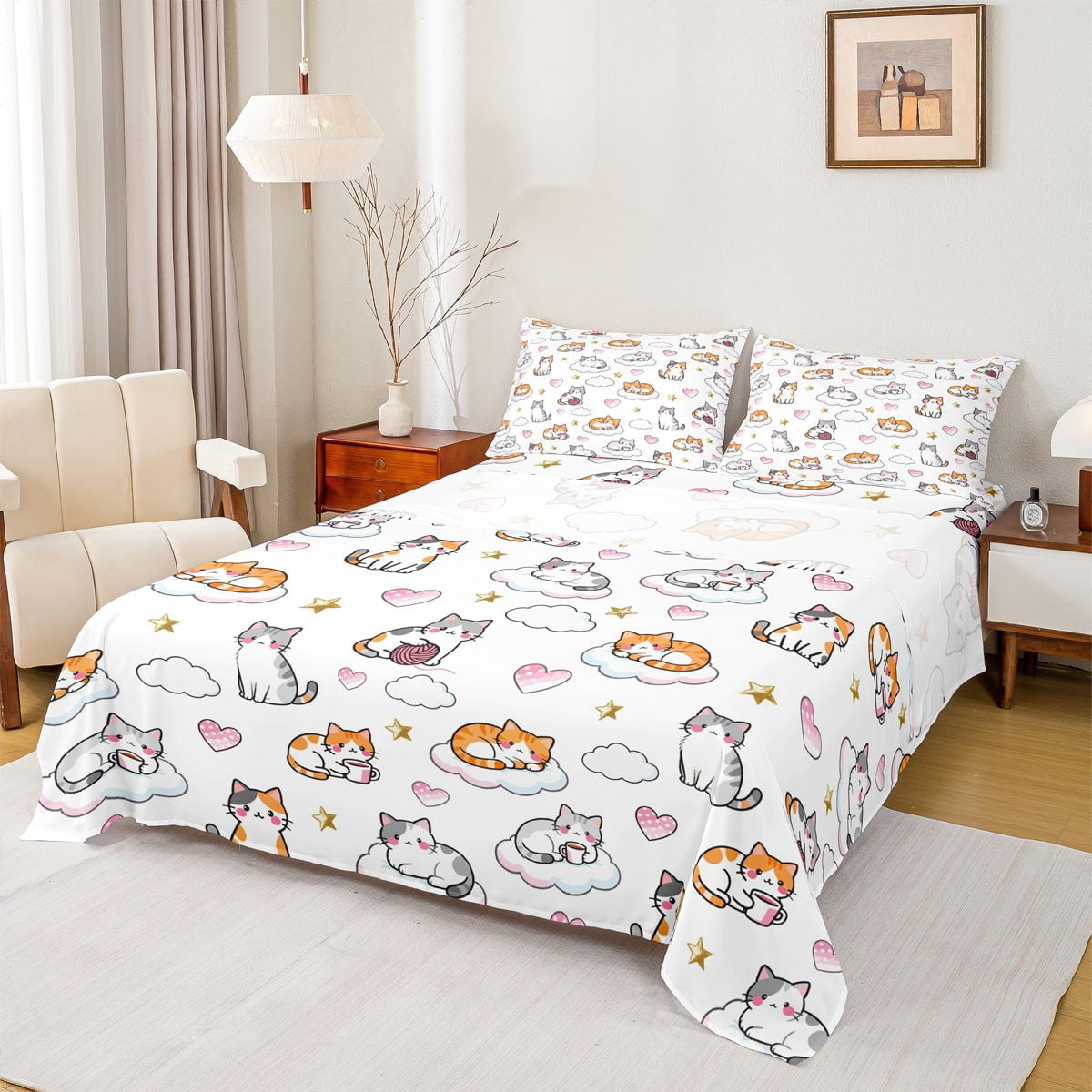 Feelyou Cartoon Cat Kitten Bed Sheets, Cloud Love Heart King Sheets, 4 ...