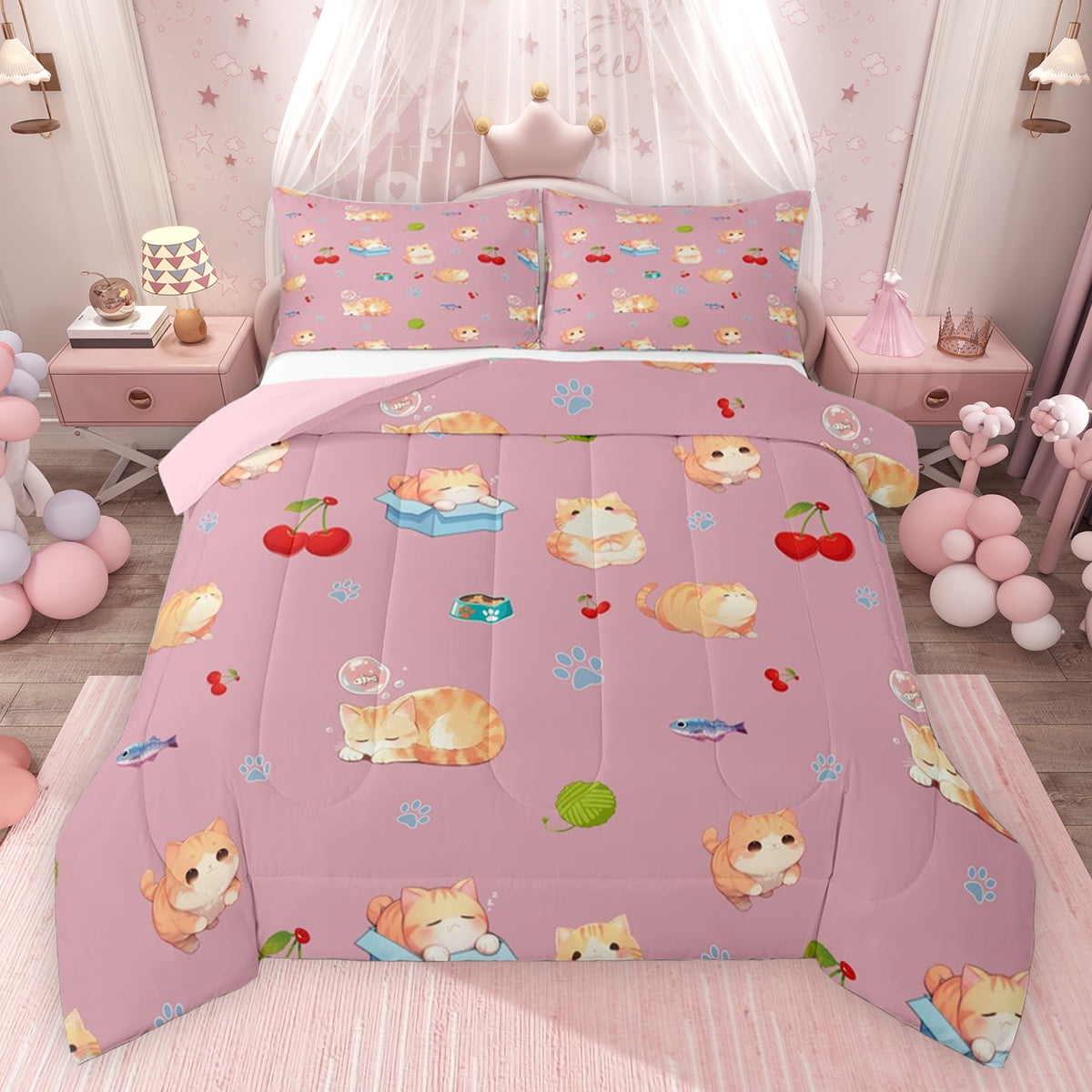 Feelyou Cartoon Cat Kitten Bedding Comforter Set for Teen, Kawaii ...