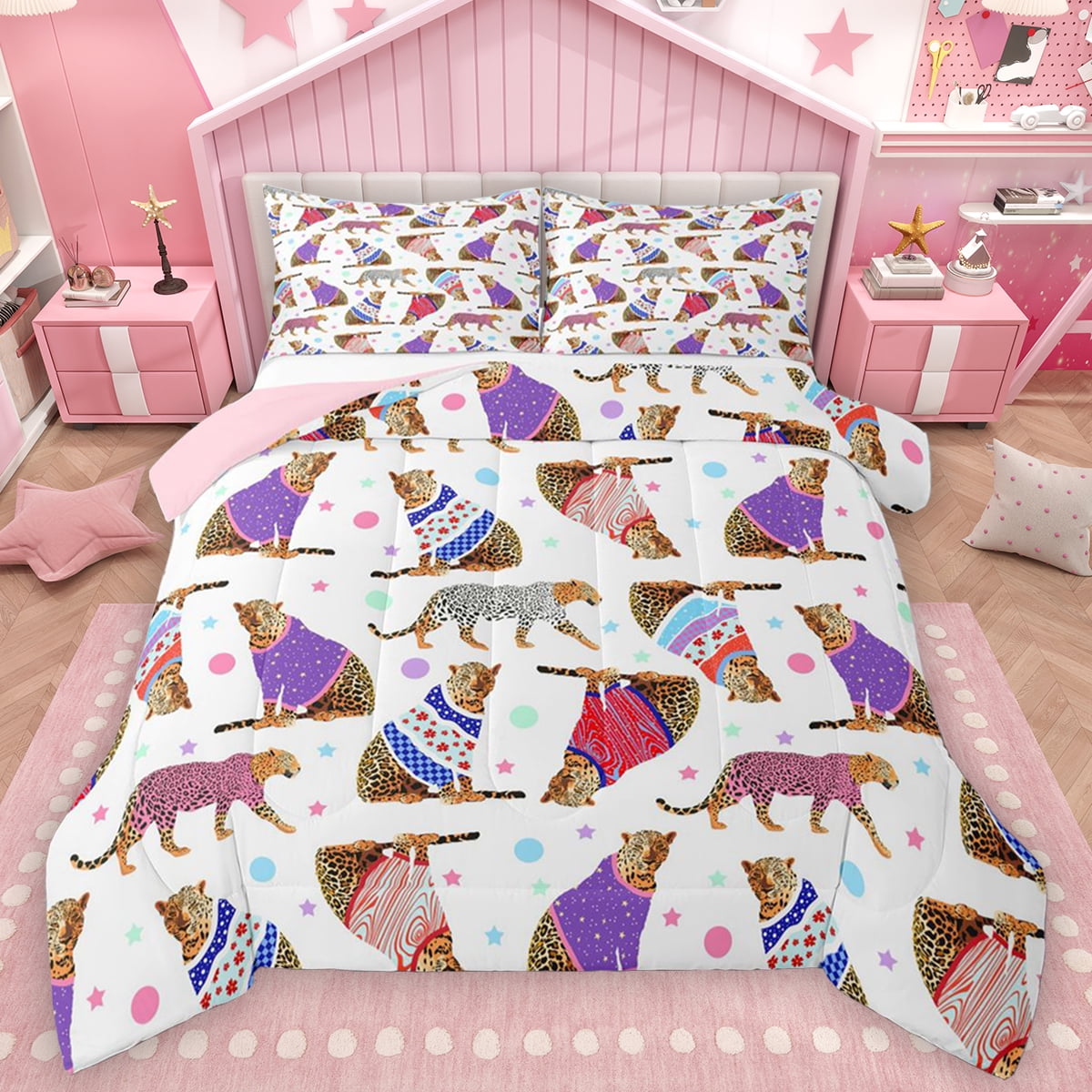 Feelyou Cartoon Cheetah Leopard Bedding Comforter Set, Cute Stars Print ...