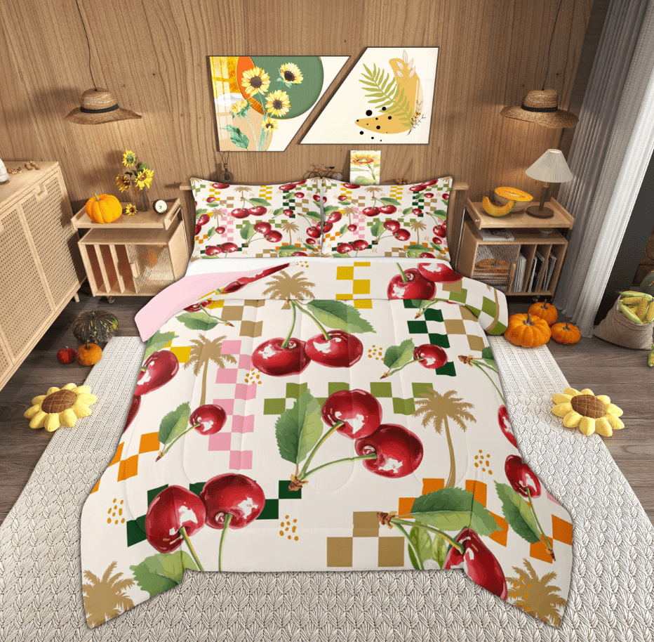 Feelyou Cartoon Cherry Fruit Queen Comforter Set for Kids, Fashion ...