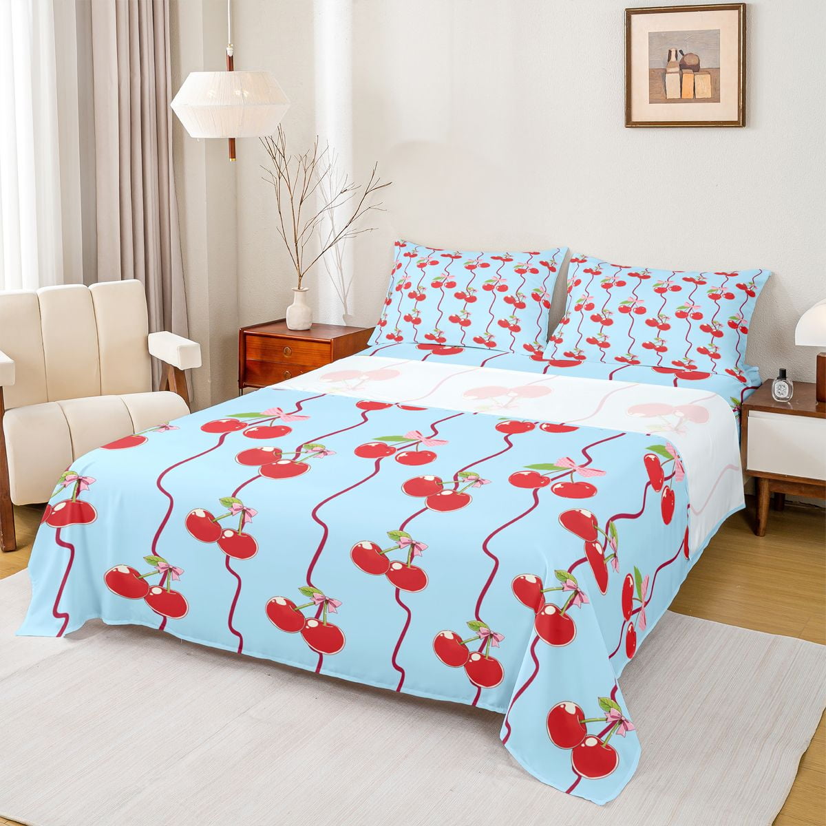 Feelyou Cartoon Cherry Kid Queen Sheet Sets, Kawaii Bowknot Bed Set, 4 ...