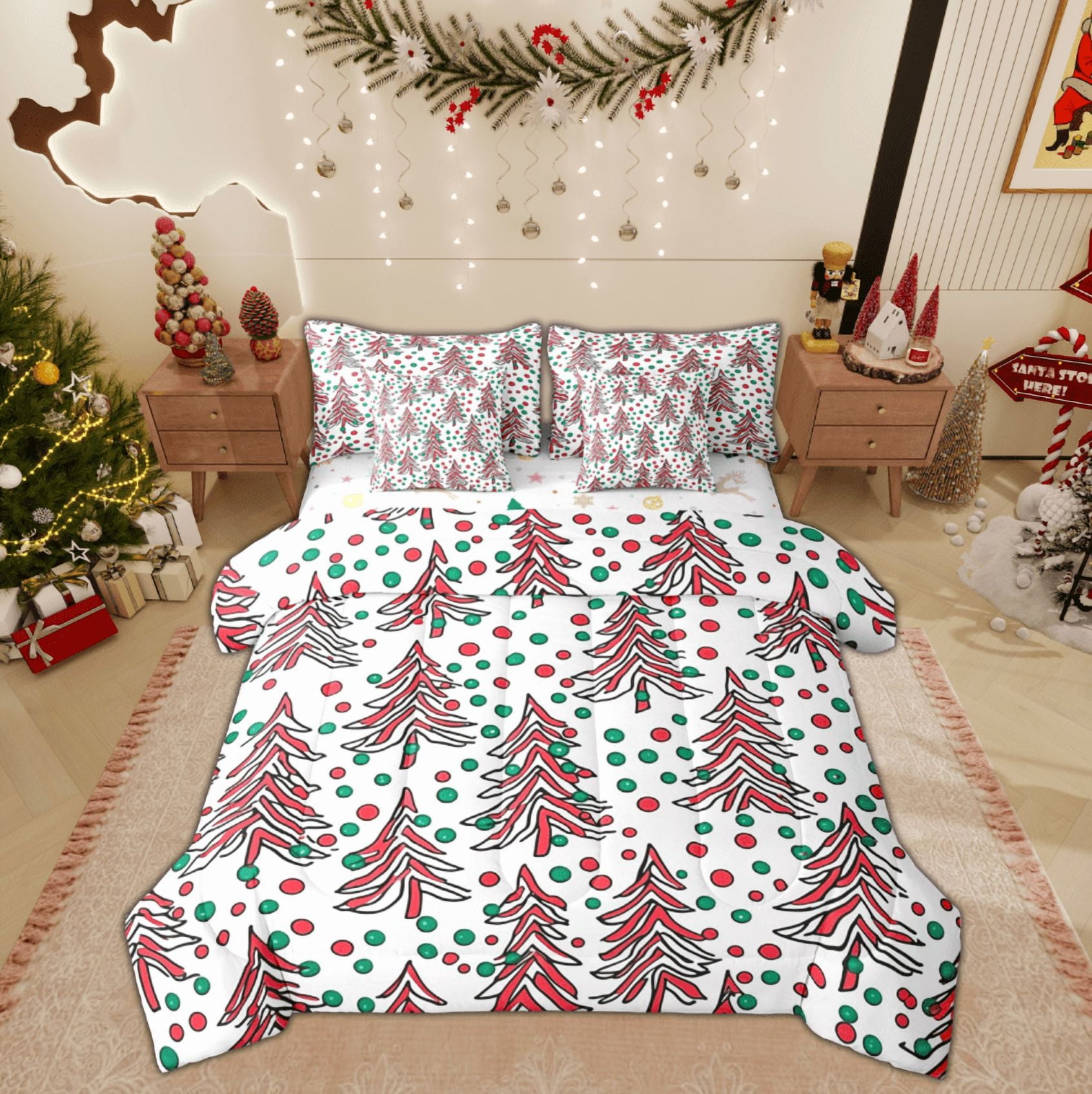 Feelyou Cartoon Christmas Tree Twin Bedding Sets 7-Piece, Green Red ...