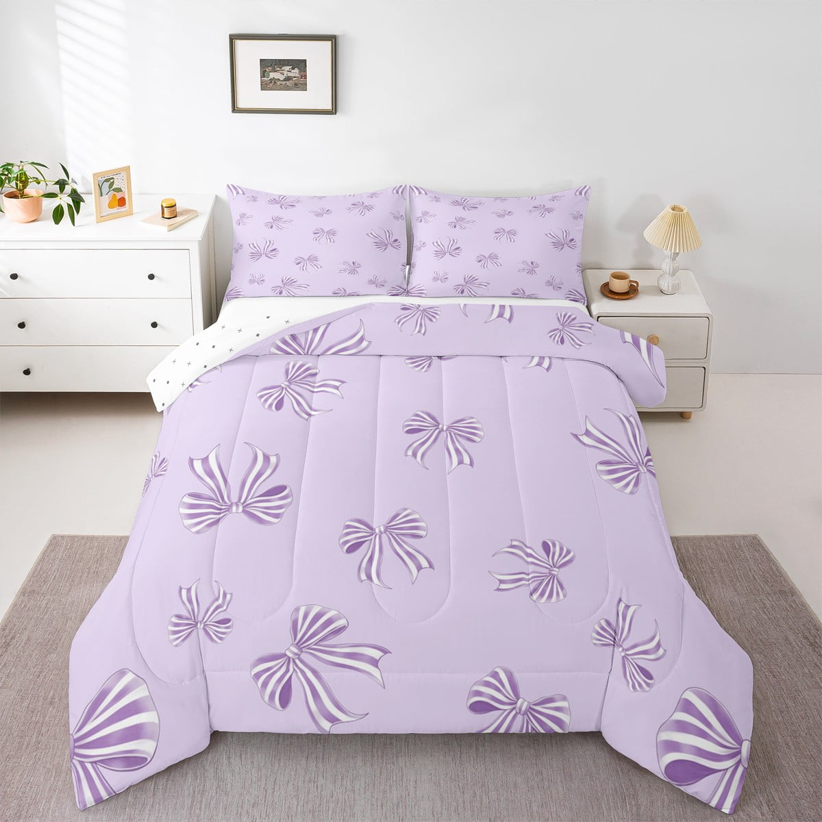 Feelyou Cartoon Cute Bow Full Size Comforter Sets for Kid, Purple ...