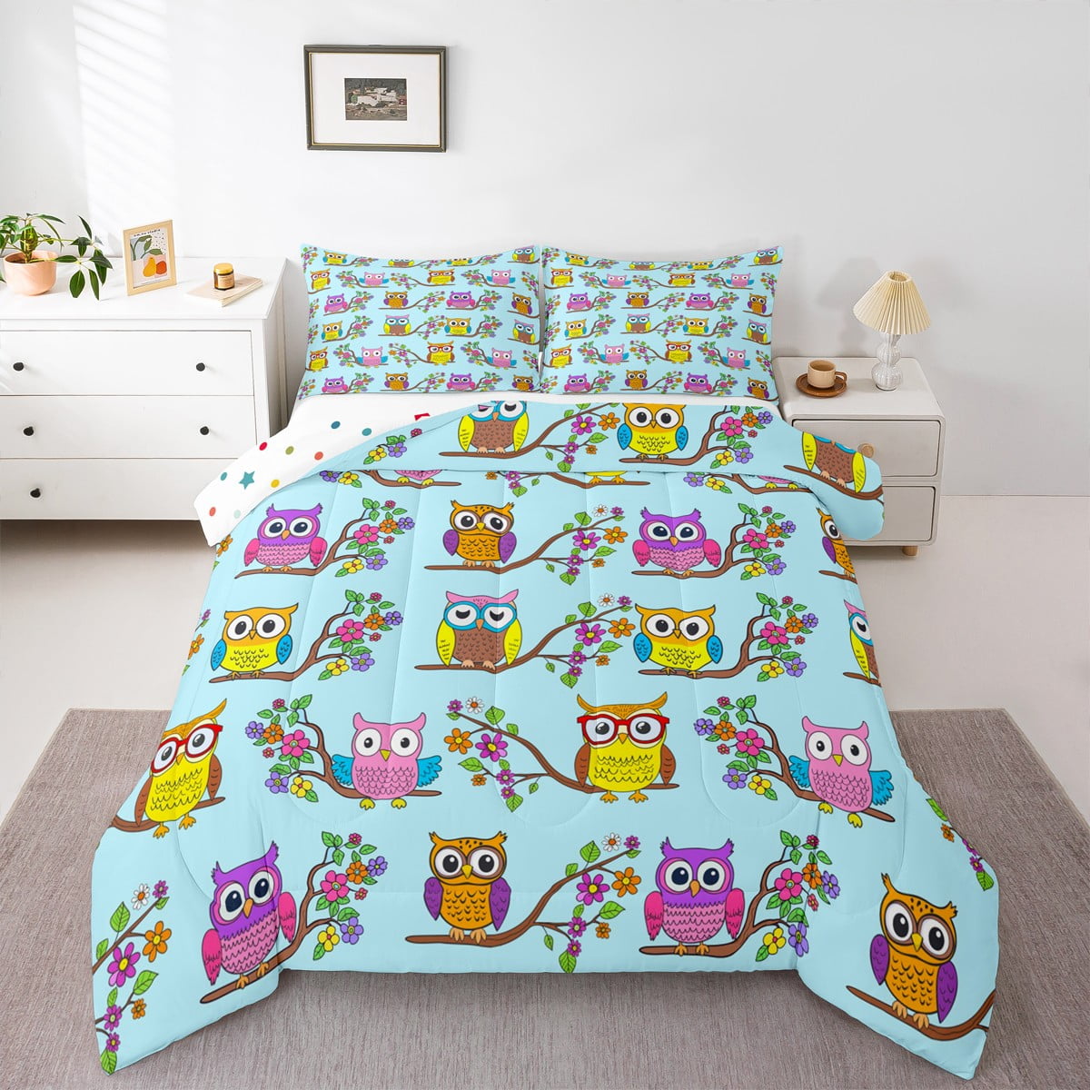 Feelyou Cartoon Cute Owl Bedding Comforter Set for Kid, Colorful Flower ...