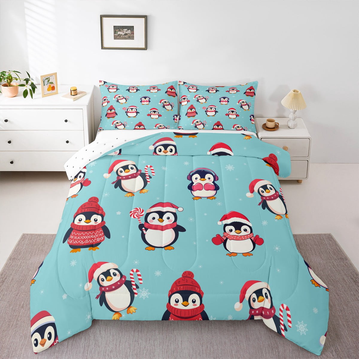 Feelyou Cartoon Cute Penguin Full Size Comforter Sets, Merry Christmas ...