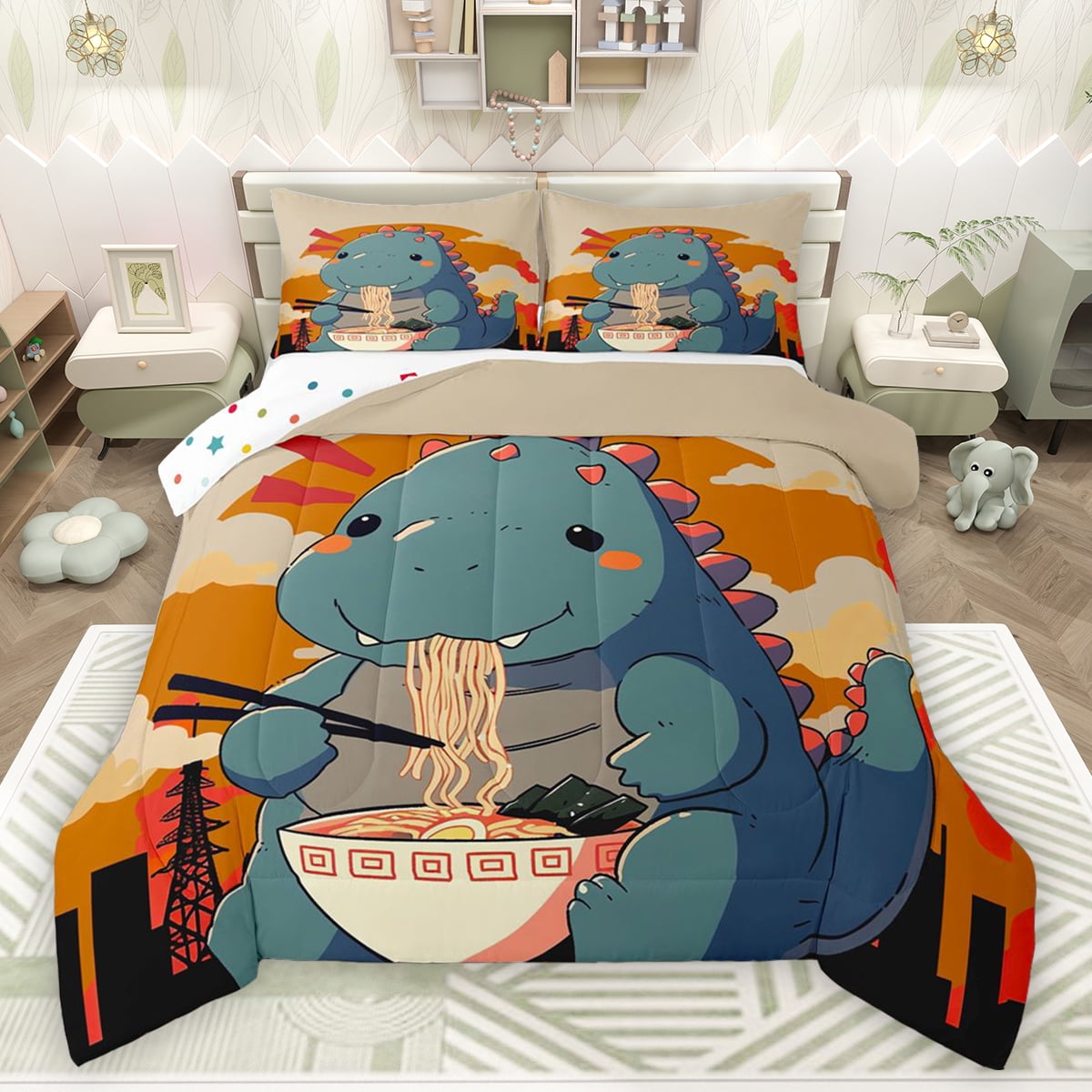 Feelyou Cartoon Dinosaur Teens Bedding Comforter Set, Kawaii Ramen Dino ...