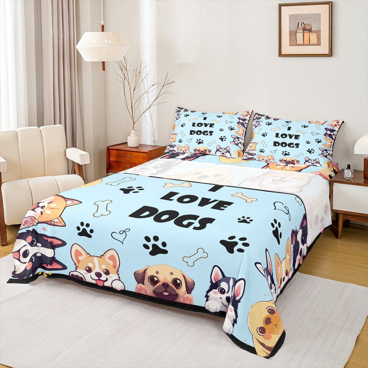 Feelyou Cartoon Dogs Bed Sheets for Children, Kawaii Pug Corgi ...
