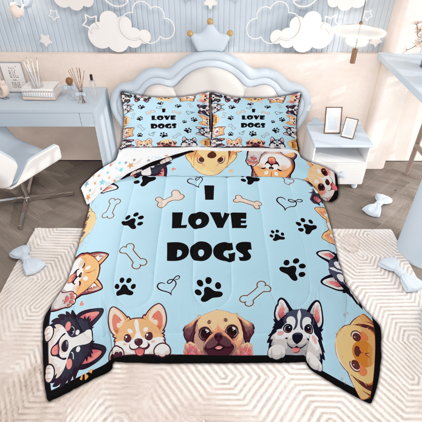 Feelyou Cartoon Dogs Bedding Comforter Set for Children, Kawaii Pug ...