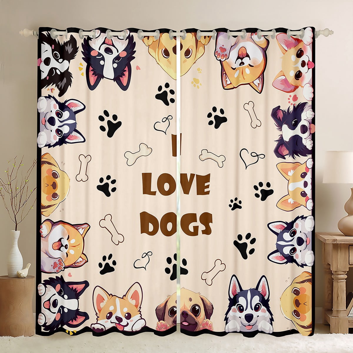 Feelyou Cartoon Dogs Curtains and Drapes for Boys Girls, Kawaii Pug ...