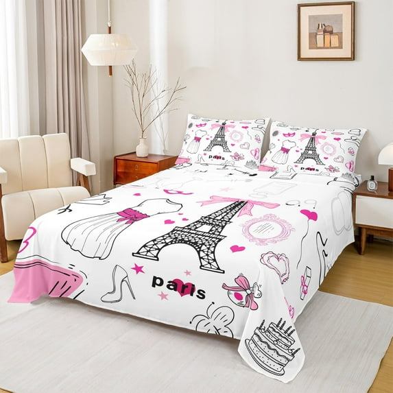 Feelyou Cartoon Eiffel Tower Bed Sheets, Pink Fashion Women King Sheets ...