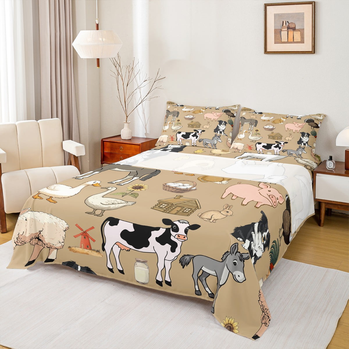 Feelyou Cartoon Farm Animal Bed Sheets, Cute Pig Cow Donkey King Sheets ...