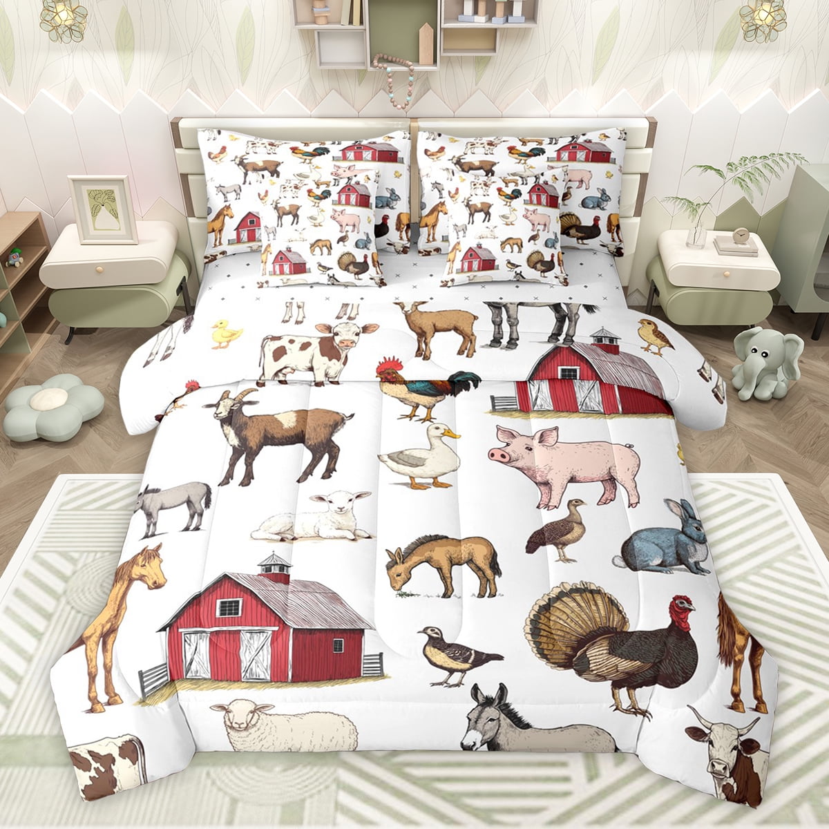 Feelyou Cartoon Farm Animal Bedding Comforter Set 7pcs for Kids, Rustic ...