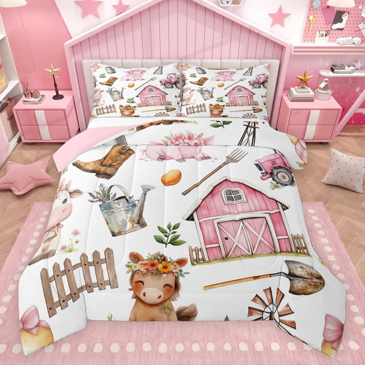 Feelyou Cartoon Farm Donkey Full Size Comforter Sets for Child, Pink ...