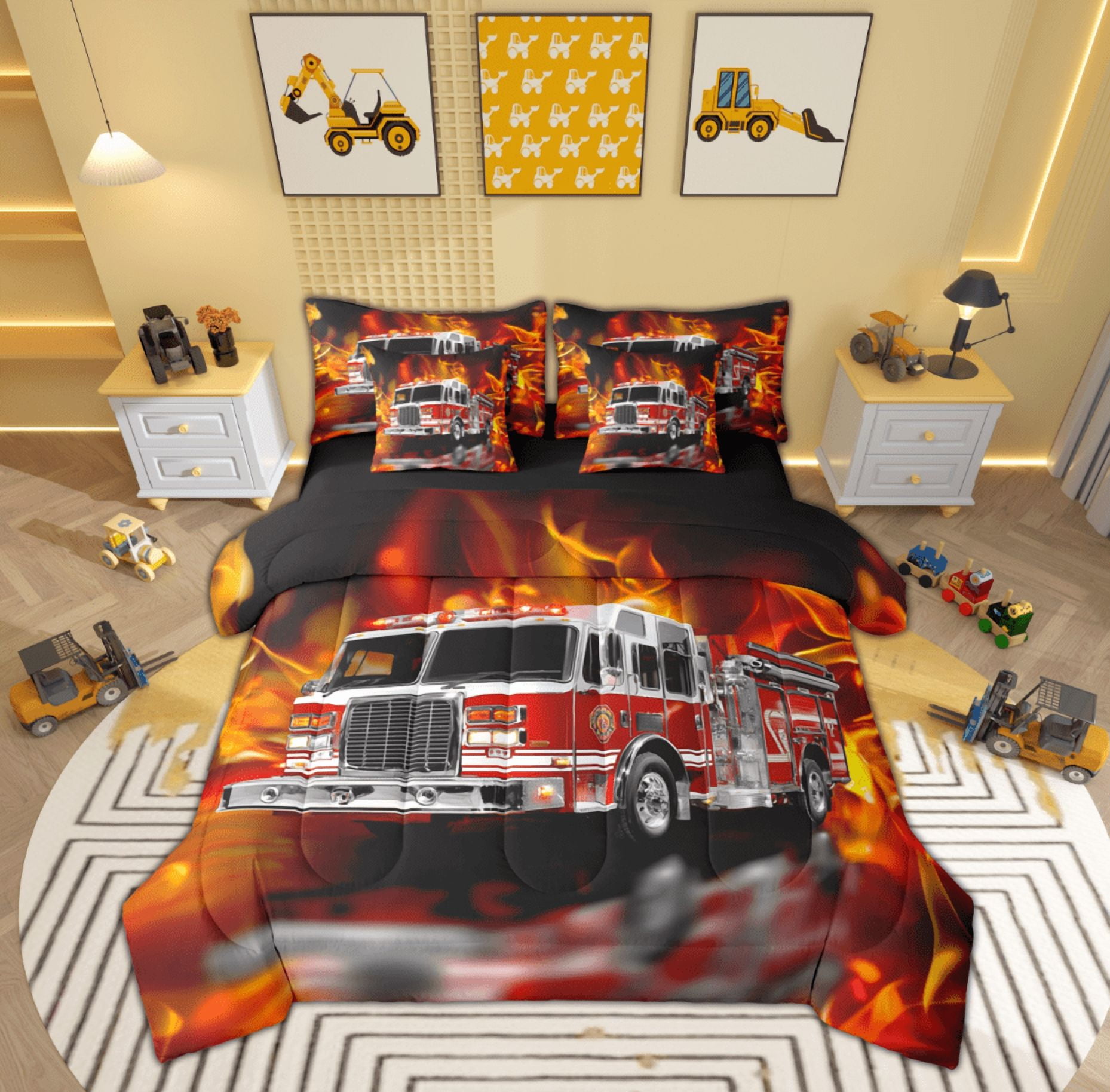 Feelyou Cartoon Fire Truck Bedding Comforter Set 7pcs for Teens ...