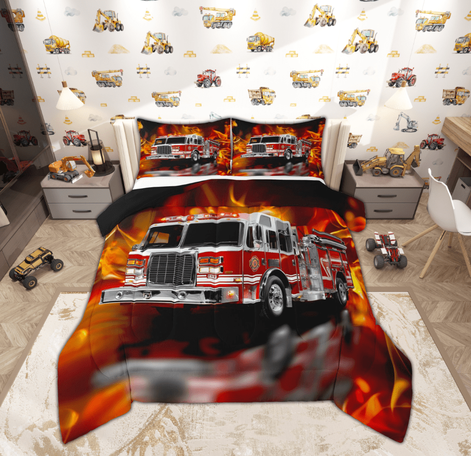 Feelyou Cartoon Fire Truck Queen Comforter Set for Teens, Fireman Car ...