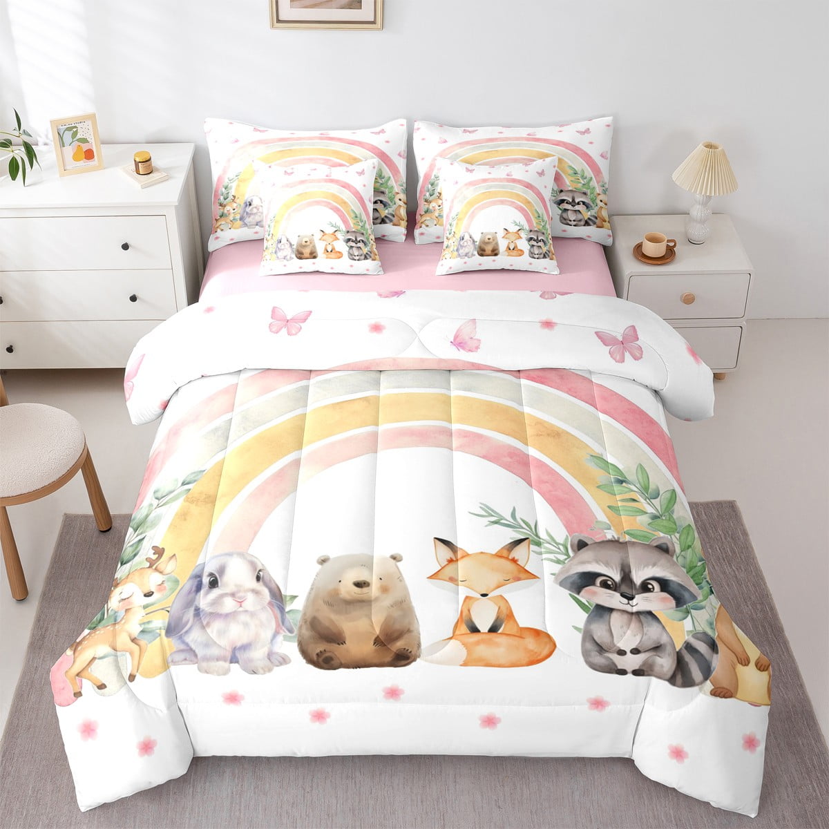 Feelyou Cartoon Fox Bear 7-Piece Queen Bedding Set, Dreamy Rainbow ...
