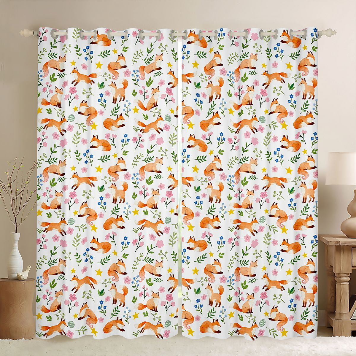 Feelyou Cartoon Fox Curtains Pack of 2 (42x84 Each), Flower Leaf Plant ...