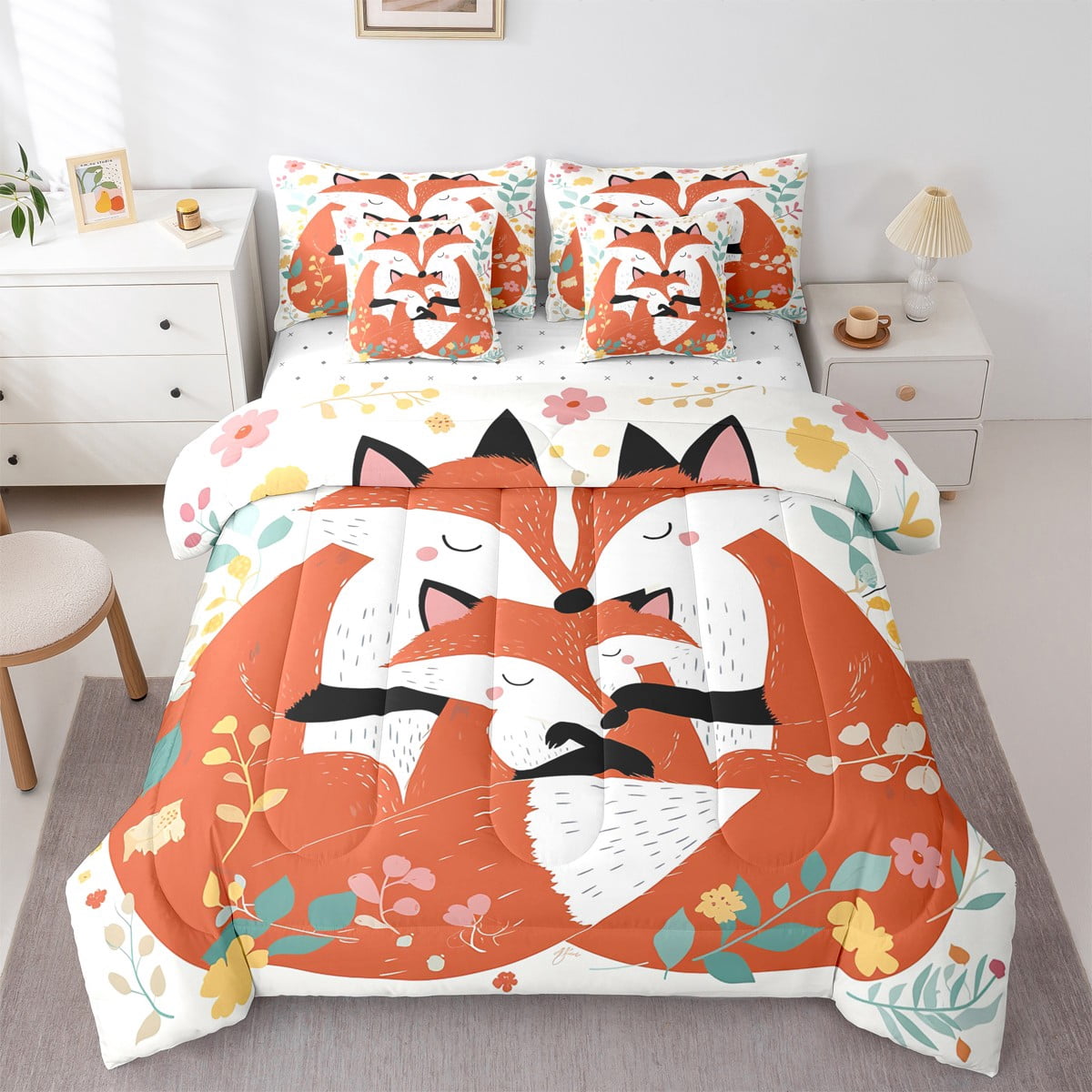 Feelyou Cartoon Fox Family Bedding Comforter Set 7pcs for Kids, Kawaii ...