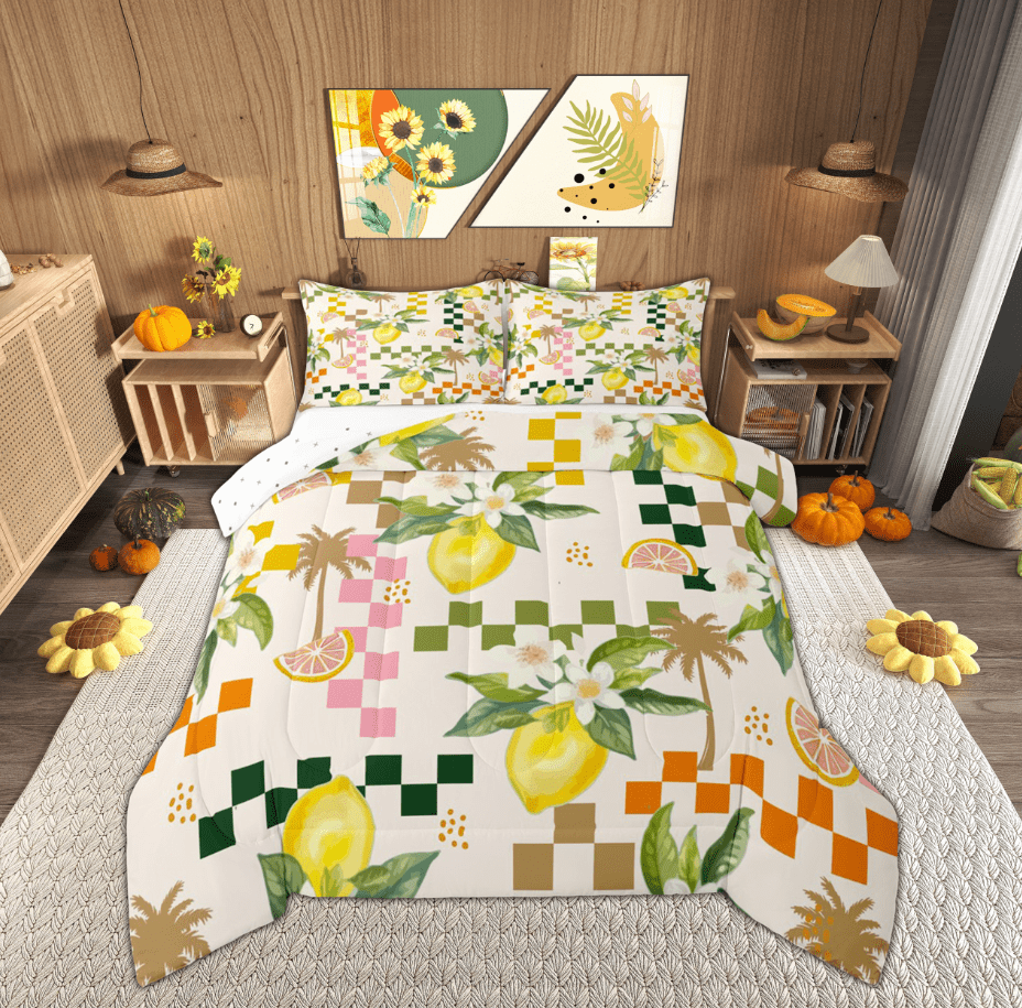 Feelyou Cartoon Fruit Lemon Queen Comforter Set, Rustic Flower Floral ...
