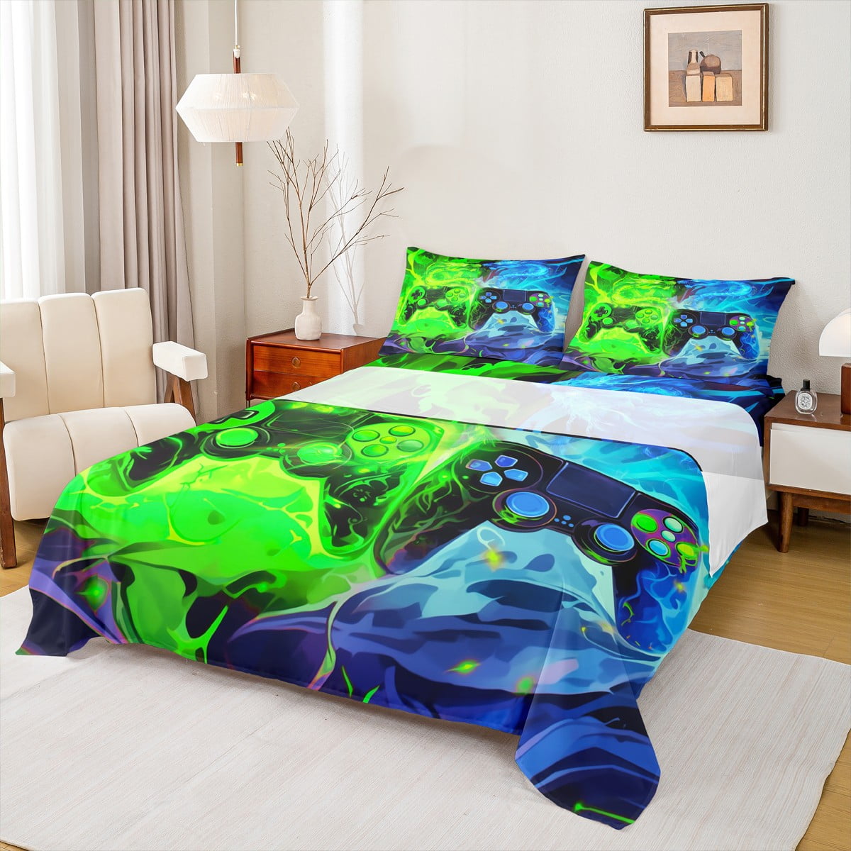 Feelyou Cartoon Game Console Queen Sheet Sets, Green Blue Flat Sheet ...