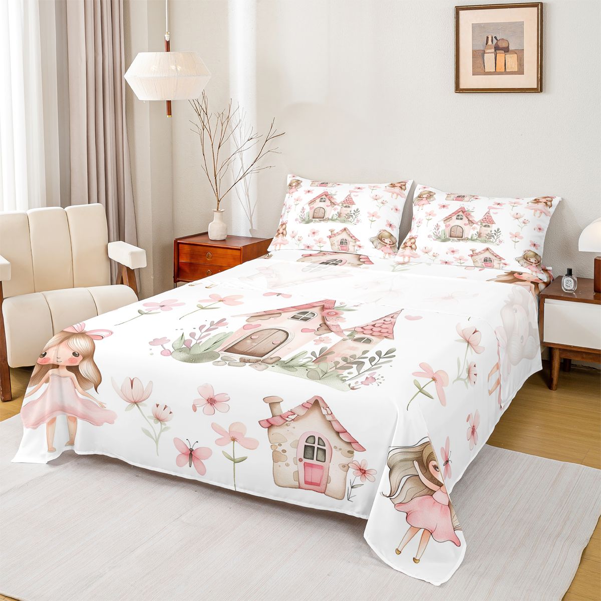 Feelyou Cartoon Girl Angel Bed Sheets for Kid, Dreamy Flower House King ...