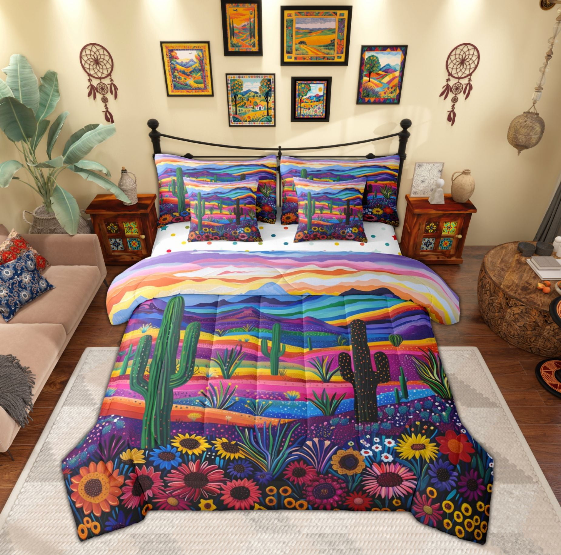 Feelyou Cartoon Green Cactus Bedding Comforter Set 7pcs, Rustic Groovy ...